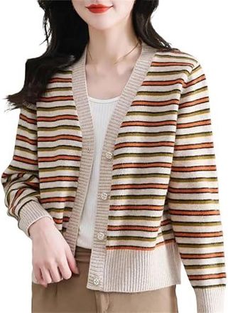 Generic Cardigan en tricot &agrave; manches longues pour femme Motif patchwork ray&eacute; Col en V Style vintage, beige, Taille XL