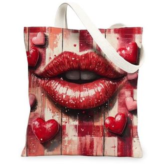 Generic Sac fourre-tout en toile motif l&egrave;vres romantiques, motif coeur, l&eacute;ger, lavable, sac d&eacute;picerie r&eacute;utilisable pour la Saint-Valentin, le shopping, la pla