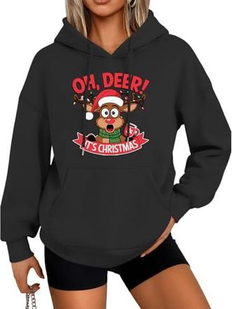 Generic Sweat &agrave; capuche imprim&eacute; graphique pour femme, motif &eacute;lan surdimensionn&eacute;, chandail &agrave; capuche, v&ecirc;tements dautomne et dhiver, pour voyage, Noir, XXL