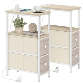 HOMCOM 2er Set Beistelltische mit Stecker, Schmale Beistelltische mit Steckdose, USB-Anschluss, USB-C-Anschluss, 2 Stoffschubladen, offenes Regal, f&uuml;r Wohnzi