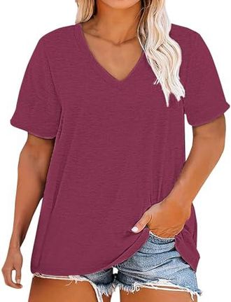 Generic Hauts pour femmes, col rond, manches courtes, t-shirt dété grande taille, t-shirts unis décontractés, Col en V Bordeaux, L