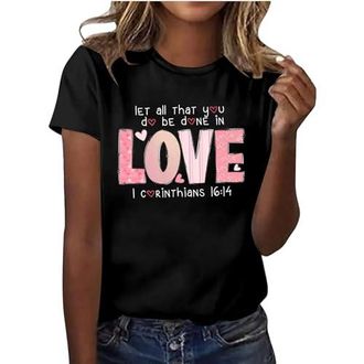 Generic T-shirt d&eacute;contract&eacute; &agrave; manches courtes et col rond imprim&eacute; coeur pour femme 2026 Saint-Valentin, Noir, 3XL