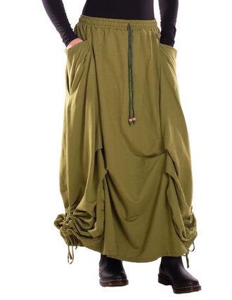 vishes Alternative Bekleidung - Damen Maxi-Rock Baumwolle asymmetrisch Langer Warmer Rock im Lagenlook mit Taschen Olive 36-44