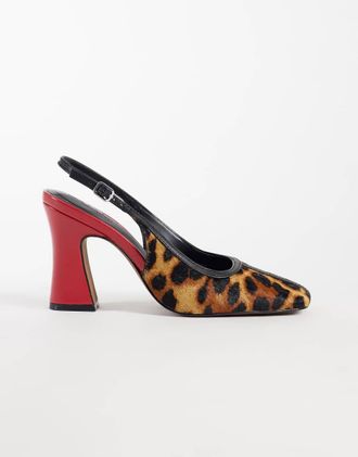 Asos Premium-Slingback-Pumps mit Blockabsatz aus Echtleder mit Felloptik in Leopardenmuster und Rot-Multi