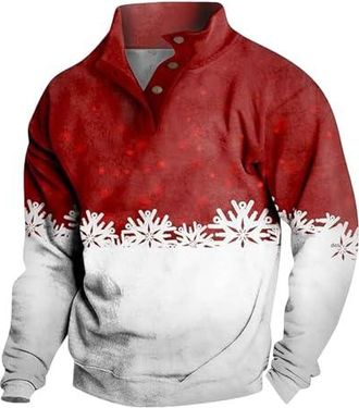 Generic Chemises de Noël pour homme à manches longues - Pull chaud doublé en polaire - Polo à revers boutonné - Imprimé flocons de neige - Sweatshirts pour le