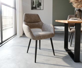 DELIFE Esszimmerstuhl Yago-Flex mit Armlehnen Mikrofaser Taupe Vintage 4-Fu&szlig; konisch Schwarz Taschenfederkern, Esszimmerst&uuml;hle