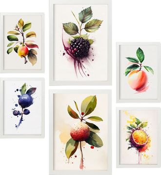 Nacnic Beeren und Pfirsiche Postern. Plakate von Obst, Gemüse und gesunden Lebensmitteln im Aquarell Kunst Stil auf reinweißen Hintergründen. Innenarchitektu
