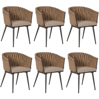 Hhg [NEUWERTIG] 6er-Set Aluminium-Esszimmerstuhl HHG-418, Indoor Stuhl Armlehne, Olefin Seilgeflecht Rope beige Kissen hellbraun