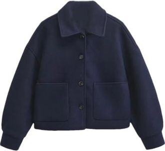 Generic Manteau en laine ample simple &agrave; revers court &agrave; manches longues avec poche pour femme, bleu marine, XS