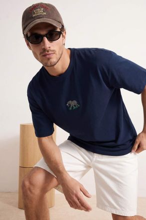 Trendyol MAN Herren Dunkelblau Bestickt Kurz Oversize T-Shirts