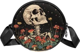 Generic Petit sac &agrave; bandouli&egrave;re rond pour femme, motif fleurs squelettes avec fermeture &eacute;clair, bretelles r&eacute;glables, sac &agrave; main rond d&eacute;contract&eacute; pour femmes e
