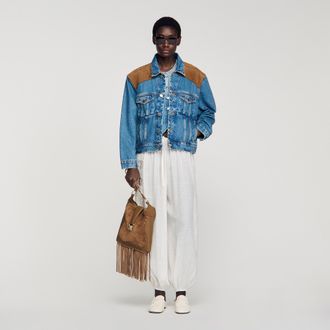 Sandro Blouson aus Denim und Veloursleder