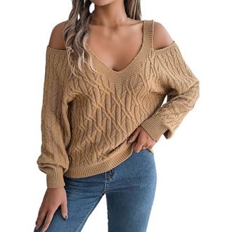 Generic 2026 Printemps Femmes Automne Hiver Casual Couleur unie &Eacute;paule D&eacute;nud&eacute;e Pull Manches, kaki, S