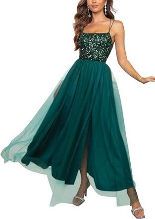 Onsoyours Femmes Robe de Soiree Longue À Paillettes Sexy sans Manches Spaghetti Tulle Taille Haute Hem Slit Élégante Maxi Robes Mariage Cérémonie Bal A Vert Fon