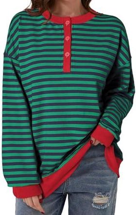 Generic Sweat-shirt surdimensionn&eacute; ray&eacute; &agrave; col rond &agrave; manches longues pour femme - Pull &agrave; col rond - Chemise Y2k - Coupe ample - Chemise dentra&icirc;nement d&eacute;contra