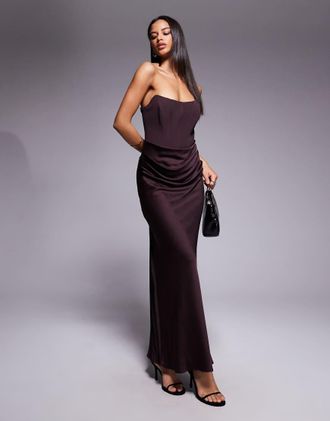 Forever New Robe bustier longue drap&eacute;e style corset - Chocolat fonc&eacute;-Noir