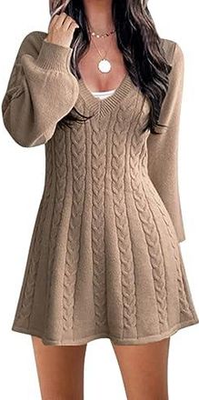 Minetom Robe Pull Femme Col V Tricoté Robe Pull À Manches Longues Automne Hiver Mini Robe Couleur Unie Long Pullover A Kaki S