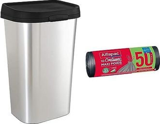 Curver Poubelle Rectangulaire 50L Mistral - Couvercle plat - Ouverture manuelle - Aspect M&eacute;tal -Pour Cuisine & ALFAPAC - 10 sacs 50L &agrave; liens coulissants - Sa