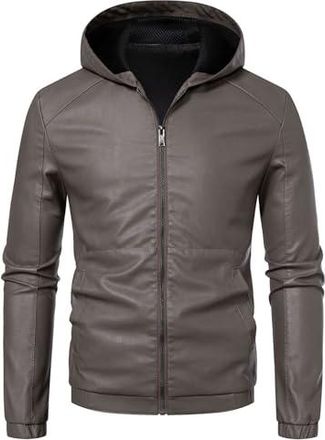 Generic Urban Style Veste de moto à capuche pour homme en similicuir avec fermeture éclair, gris, 62