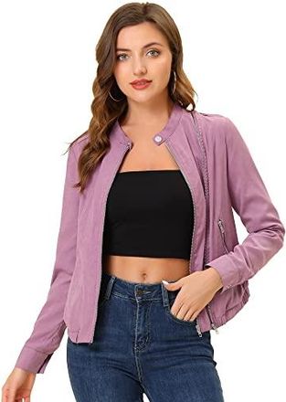 Allegra K Veste de moto légère zippée à col montant pour femme Rose Foncé L