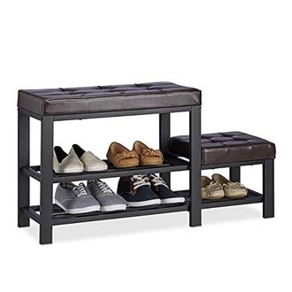Relaxdays braun Schuhbank mit Hocker, gem&uuml;tliche Sitzpolster, Schuhablage 2 Ebenen, Kinder, HBT: 50 x 90,5 x 30,5 cm