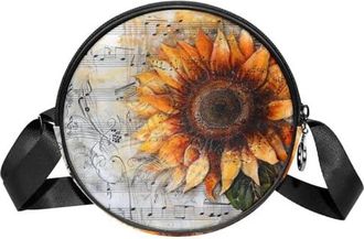 Generic Sac &agrave; bandouli&egrave;re rond rond pour femme, motif tournesol musical, avec fermeture &eacute;clair, bretelles r&eacute;glables