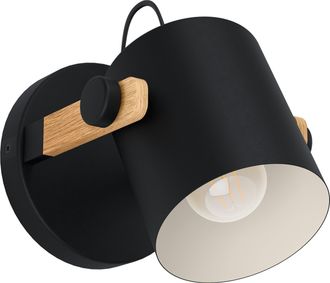 Eglo Wandlampe Hornwood, Vintage Wandleuchte im Industrial Design, Retro Lampe aus Stahl und Holz, Farbe Schwarz, creme, braun, Fassung E27, FSC zertifizie