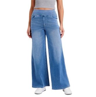 Generic Jean d&eacute;contract&eacute; &agrave; jambe large pour femme - Taille haute - &Eacute;lastique - &Eacute;vas&eacute; - Extensible - &Agrave; enfiler - Pantalon long et droit avec poche, bleu clair,