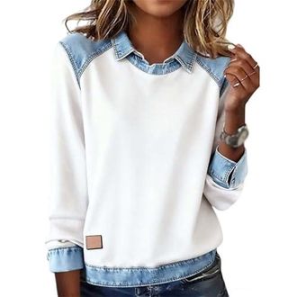 Generic Chandails en denim patchwork pour femmes, pulls en denim patchwork &agrave; la mode &agrave; manches longues pour, blanc, XXL