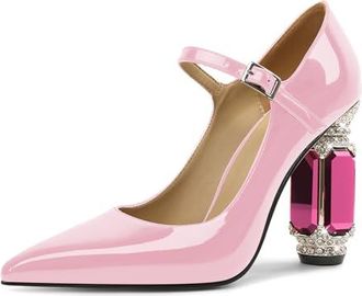 EDEFS Escarpins Femme Prêts pour lÉvénement Mary Jane en Cuir Verni Talon Haut Bloc 9 cm Accents de Strass Cristal Étincelant Bout Pointu pour Mariages Gala