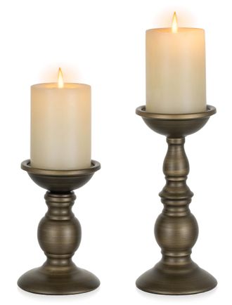 Nuptio Stumpenkerzenhalter aus Eisen, ideal f&uuml;r 7,6 cm Stumpenkerzen, Geschenke f&uuml;r Hochzeit, Party, Zuhause, Spa, Reiki, Votivkerzen, Bronze, 2 St&uuml;ck (S + L