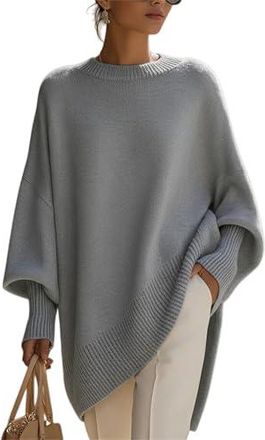 Generic Pull d&eacute;contract&eacute; &agrave; col rond et manches chauve-souris en tricot ample tendance r&eacute;tro paresseux manteau printemps c&ocirc;tel&eacute; chaud ch&acirc;le pull tops, gris, XX