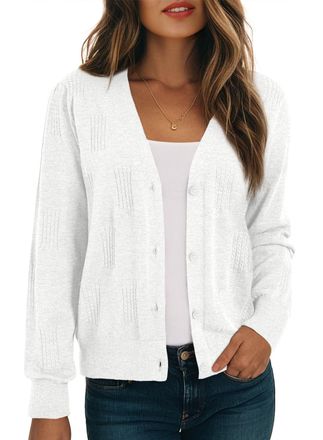 Dokotoo Damen Strickjacke Elegant V-Ausschnitt Kurzer Cardigan Einfarbig Langarm Dirndl Jacke mit Knopf, wei&szlig;, M