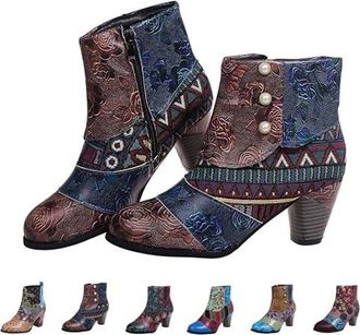 Generic Bottes bohèmes, bottes vintage pour femmes, bottines à talons hauts colorés en cuir coloré à bout rond, bottines tendance à talons hauts pour femmes, 