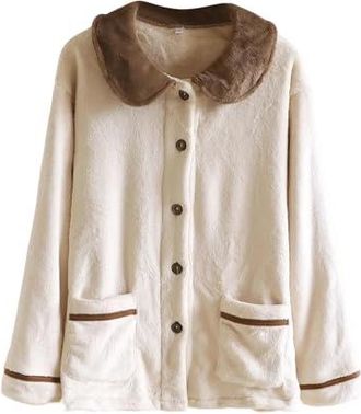 Generic Veste de lit en flanelle boutonn&eacute;e sur le devant pour femme, v&ecirc;tement de nuit, manteau &agrave; manches longues, v&ecirc;tement de d&eacute;tente avec poches, manteau din