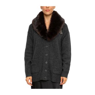 Ralph Lauren Cardigan en laine et cachemire avec bordure en fausse fourrure - Femme - Pulls - Gris - Taille: 38 FR