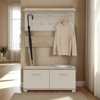 IDIMEX Garderobenset Bilbao 3-teilig, Cremona Eiche/Kaschmir, ideal für Flur und Eingangsbereich, mit 9 Haken, Kleiderstange, Hutablage und Schuhbank