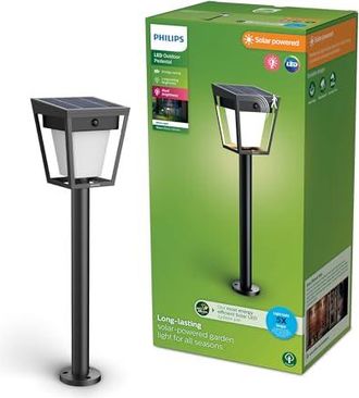 Philips Nissa ultraeffiziente Solar- Sockelleuchte für den Außenbereich mit Sensor, 3000K weißes Licht, 250/25lm, Schwarz