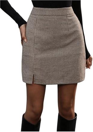 SOLY HUX Jupe courte &eacute;l&eacute;gante pour femme - Mini jupe dhiver - Motif pied-de-poule - Jupe ajust&eacute;e, Marron et noir., XL