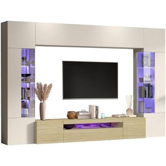 Dmora Wohnwand Solopaca, Wohnzimmerm&ouml;bel 14 Regale, T&uuml;ren Made in Italy, 24 F&auml;cher, 290x40x190h cm Eichenbraun