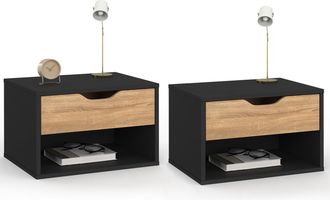 IDMarket Set aus 2 Wand-Nachttischen Cathy 1 Schublade mit Nische in Buchenholzoptik und Schwarz