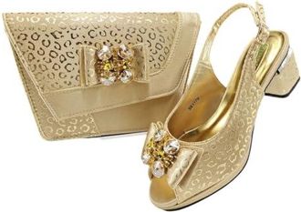 Generic Ensemble de chaussures et sac pour femme avec motif floral et strass style italien avec sac à main assorti pour mariage, doré, 41.5 EU