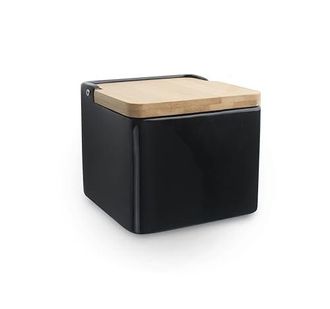 Ibili Quadratischer schwarzer Salzstreuer aus Keramik mit Bambusdeckel, 11 x 11 x 9,9 cm