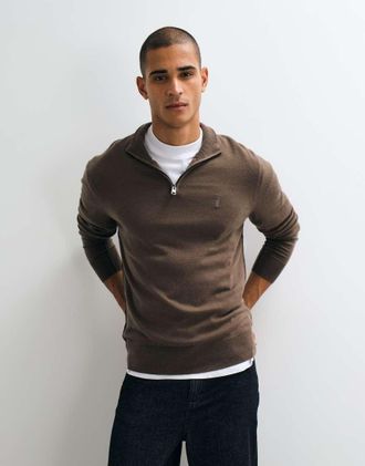 AllSaints Kilburn Sweatshirt aus Wollmix mit Rei&szlig;verschluss, Stehkragen und Logo-Strick in Salbeigr&uuml;n