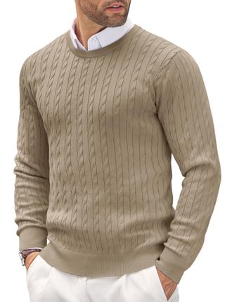 Coofandy Pullover für Herren Zopfmuster Pullover mit Rundhals Kragen Slim fit Langarm Winterpullover Kamel XXL