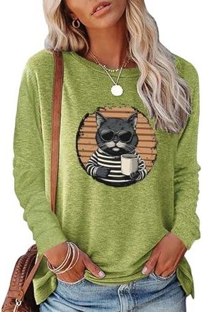Generic T-shirt &agrave; manches longues pour femme, motif chat dr&ocirc;le et col rond | V&ecirc;tements tendance dautomne | Coupe ample | pour v&ecirc;tements de rue, Vert, XXL