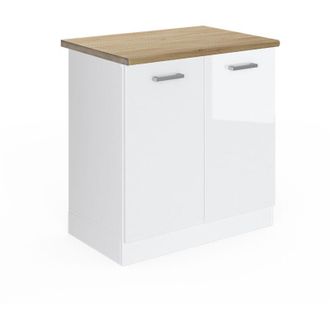 Vicco Meuble bas sous-&eacute;vier R-Line, Blanc Haute brillance, 80 cm, pt Ch&ecirc;ne
