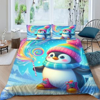 Generic Bettw&auml;sche 3-Teiliges Set Mit Rei&szlig;verschluss, Weich Glatt Mikrofaser 3D Print Bettbezug 2 Kissen Shams Tier Pinguin - Hypoallergene Tagesdecke - F&uuml;r E