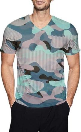 Generic T-shirt d&eacute;contract&eacute; &agrave; rayures pour homme - Col en V - Imprim&eacute; &agrave; manches courtes - Pour entra&icirc;nement int&eacute;rieur et ext&eacute;rieur, bleu clair, 3XL
