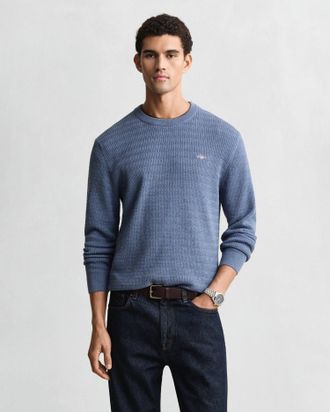 GANT Herren Rundhalspullover mit Mini-Zopfmuster (XXXL) DENIM Blau MELANGE